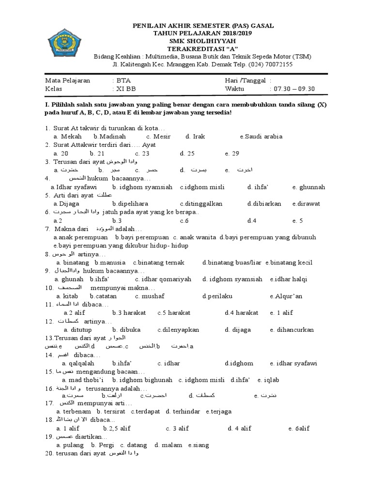 S Oal Semester Gasal Bta KLS Xi SMK | PDF | Seni & Disiplin Bahasa