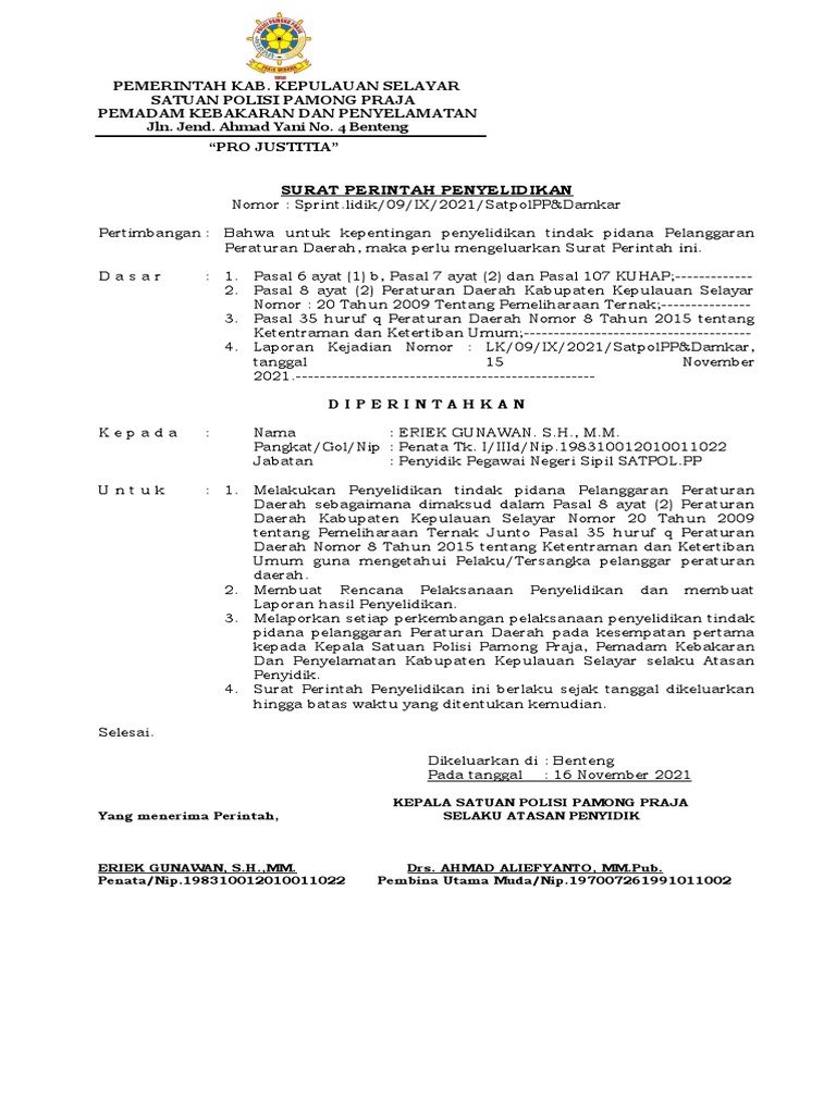 Surat Perintah Penyelidikan Pelanggaran Perda | PDF