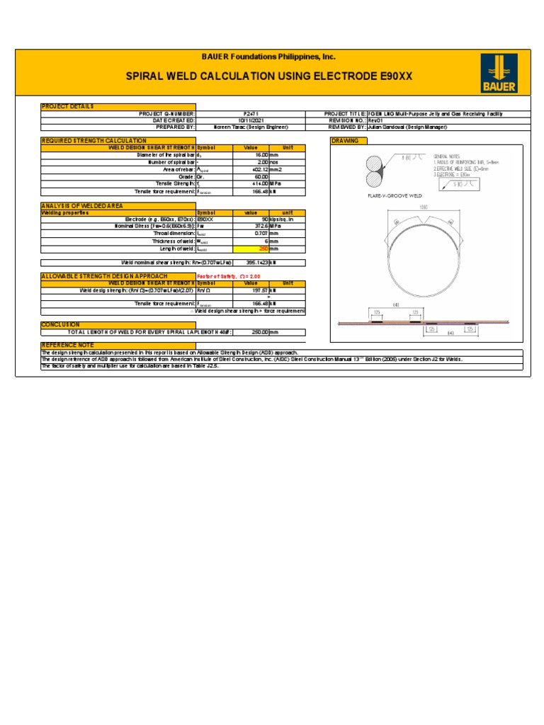 Spiral Weld Calculation Using Electrode E90Xx: BAUER Foundations Philippines, Inc | PDF ...