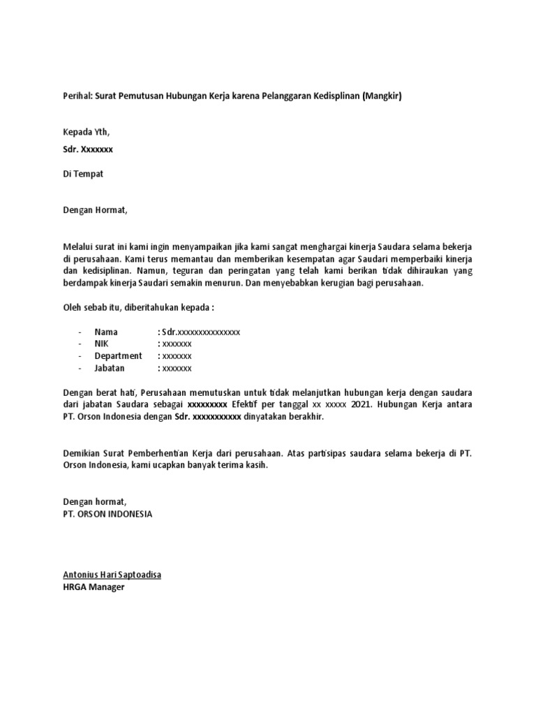 Surat Pemutusan Hubungan Kerja Dikarenakan Mangkir (Absensi) | PDF