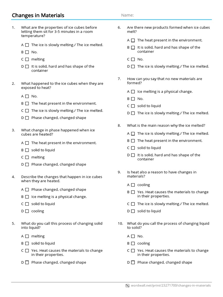 Changes in Materials Quiz | PDF | Ice | Phase (Matter)