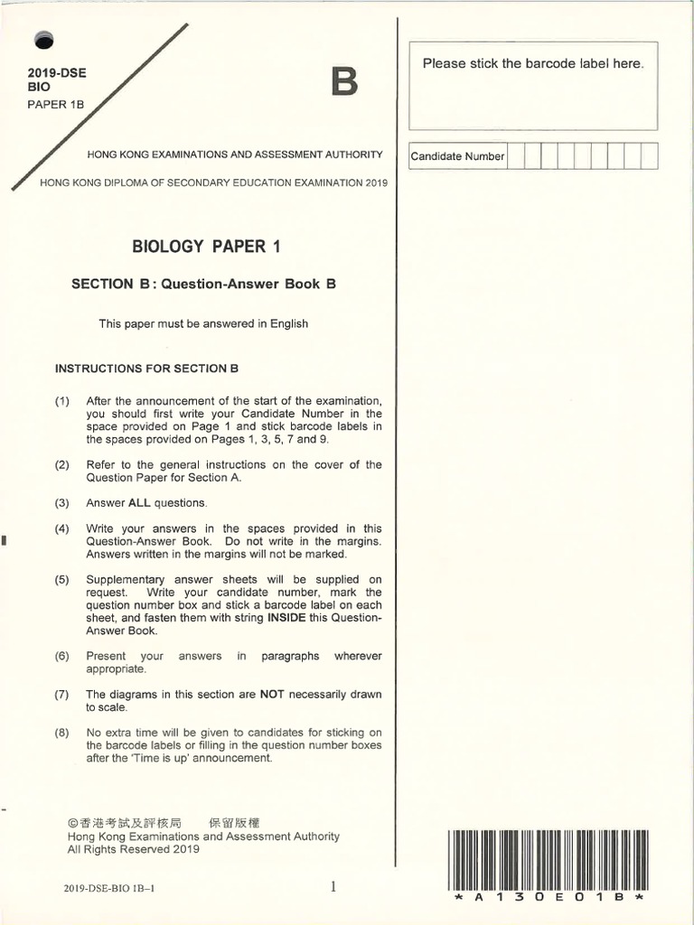 2019 DSE Bio Paper 1B | PDF