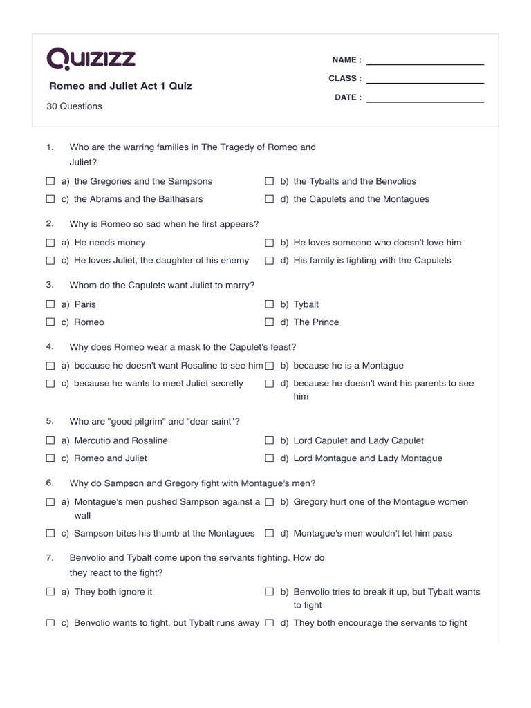Romeo and Juliet Act 1 Quiz: Testing Knowledge of Characters, Events ...