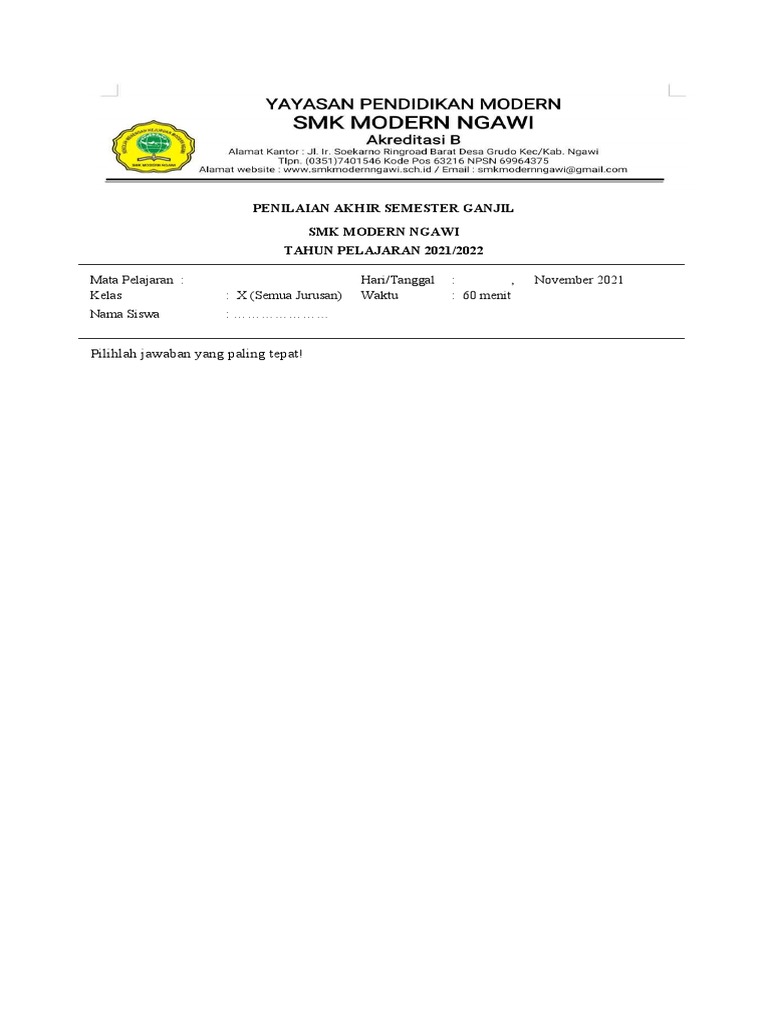 Contoh KOP Soal PAS Ganjil TP.2021-2022 | PDF