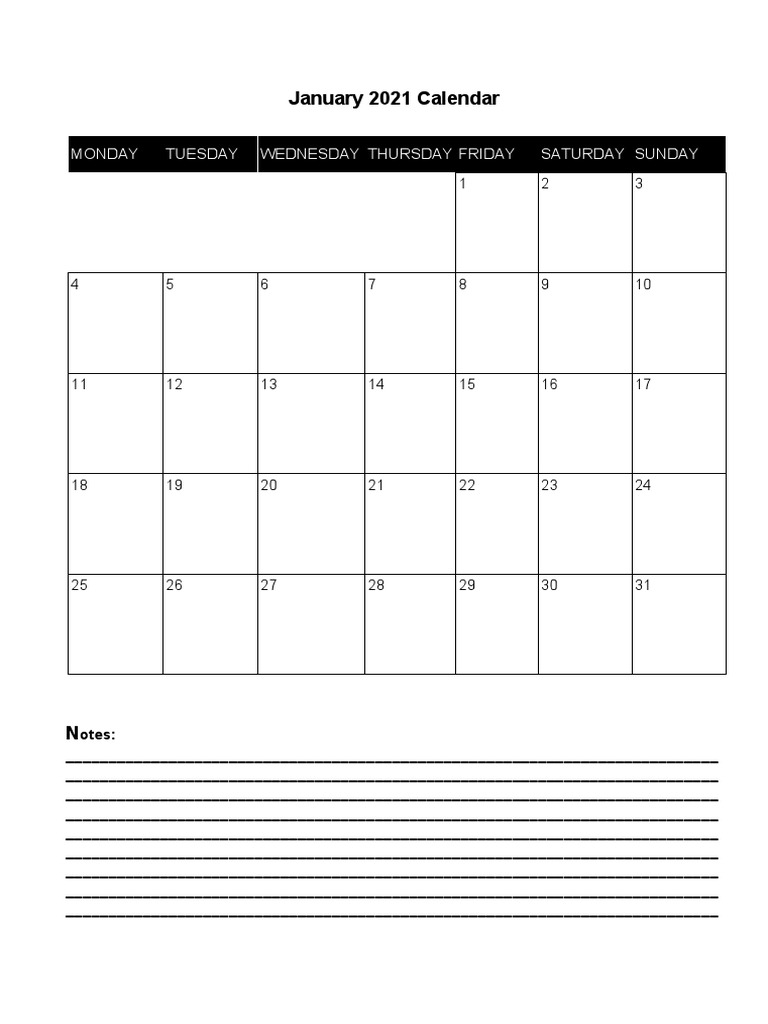 January 2021 Calendar: Monday Tuesday Wednesday Thursday Friday ...