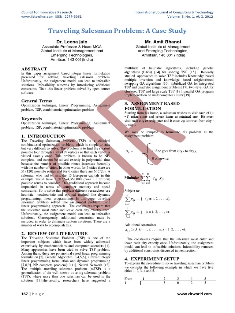 Traveling Salesman Problem: A Case Study: Dr. Leena Jain Mr. Amit Bhanot | PDF | Linear ...