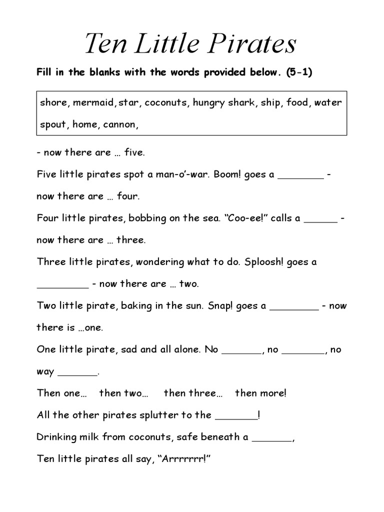 Ten Little Pirates Fill in The Blanks With The Words Provided Below ...