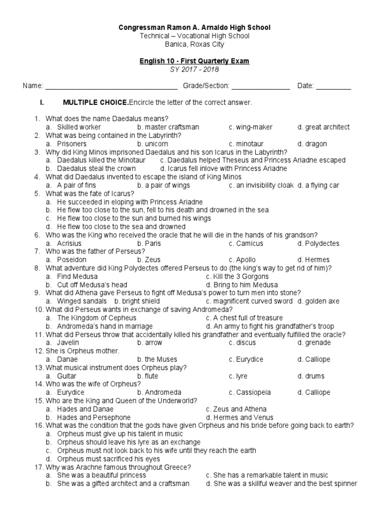 English Exam For Grade 10 | PDF | Orpheus | Hades