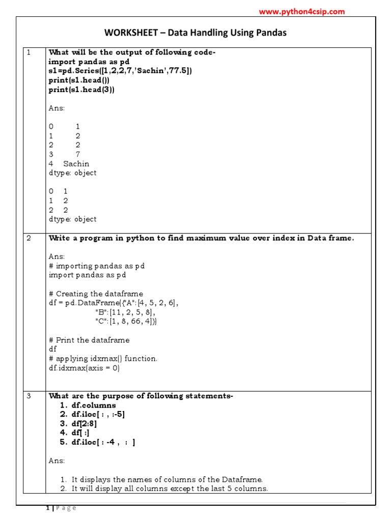 Worksheet - Pandas | PDF | Array Data Structure | Computing