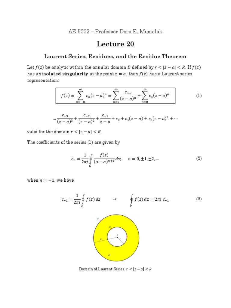 Laurent Series, Residues, and The Residue Theorem: AE 5332 - Professor Dora E. Musielak | PDF ...