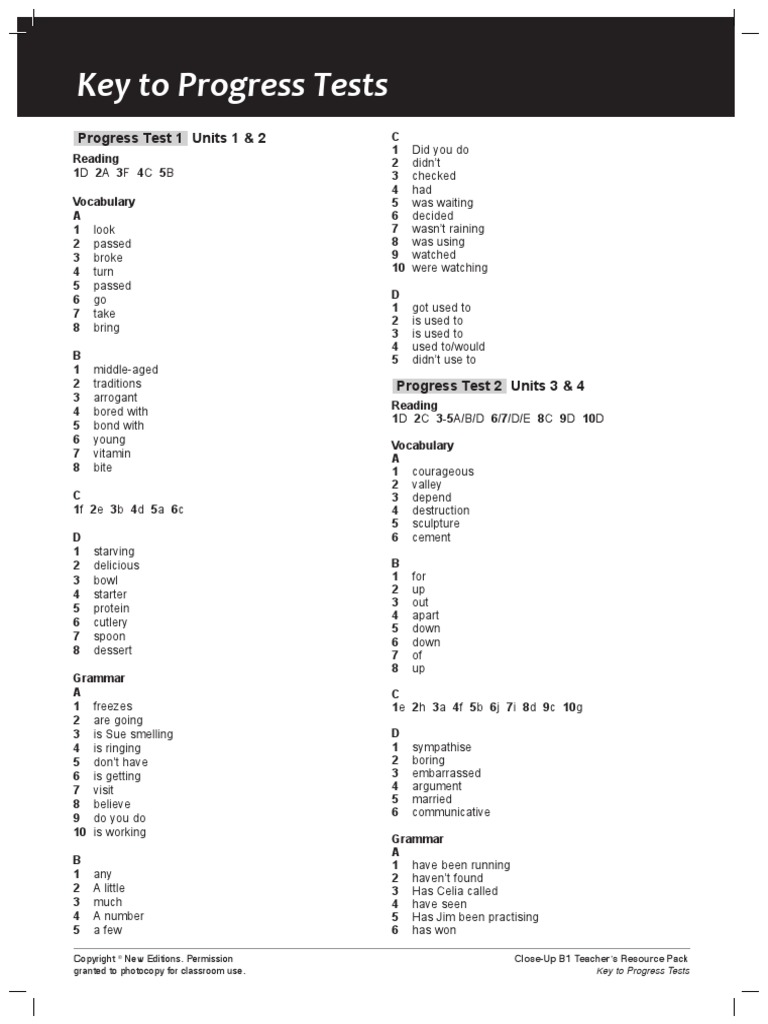 Key To Progress Tests: Units 9 10 | PDF