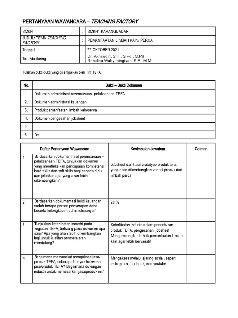 04 Instrumen WAWANCARA - TEFA | PDF