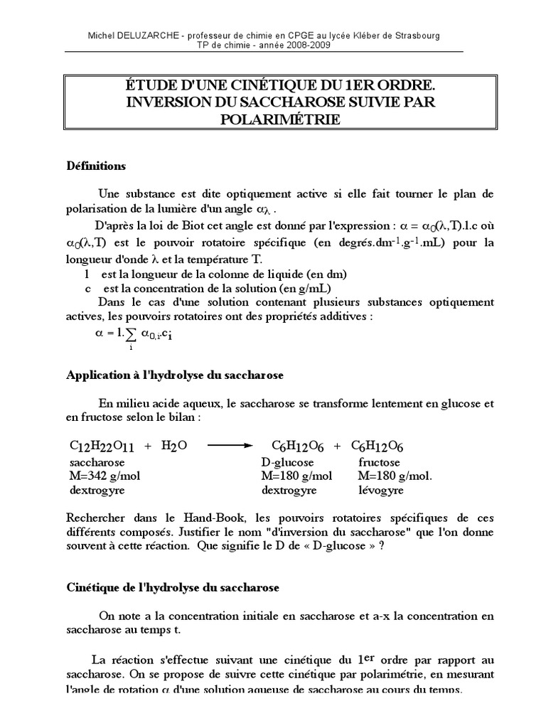 Inversion du saccharose par polarimétrie | PDF | Saccharose | Chimie