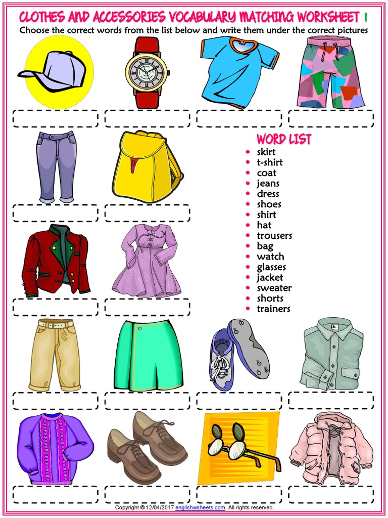 Clothes and Accessories Vocabulary Esl Matching Exercise Worksheets For ...
