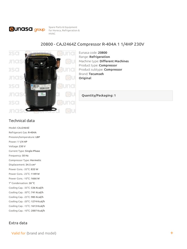 CAJ2464Z Compressor R-404A 1 1/4HP 230V: Technical Data | PDF