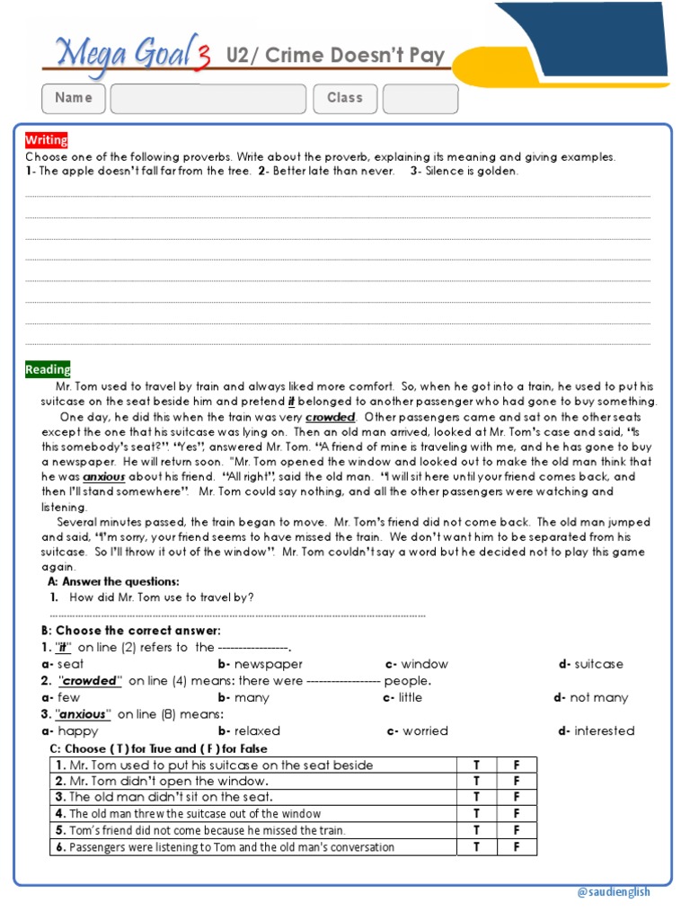 Mega Goal 3 Worksheet Unit 2 | PDF