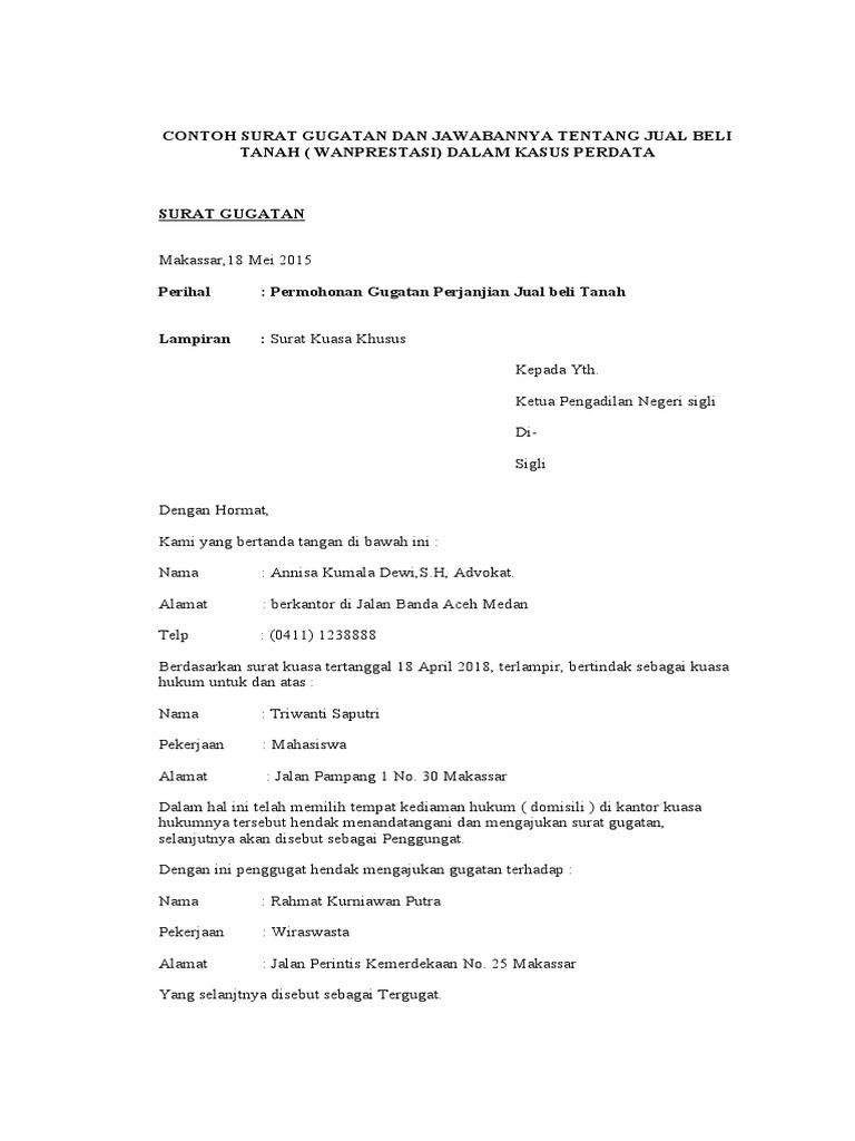 Contoh Surat Gugatan Wanprestasi Tanah | PDF | Hukum