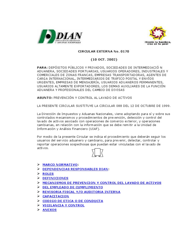 Circurlar 170 DIAN | PDF | Exportaciones | Lavado de dinero