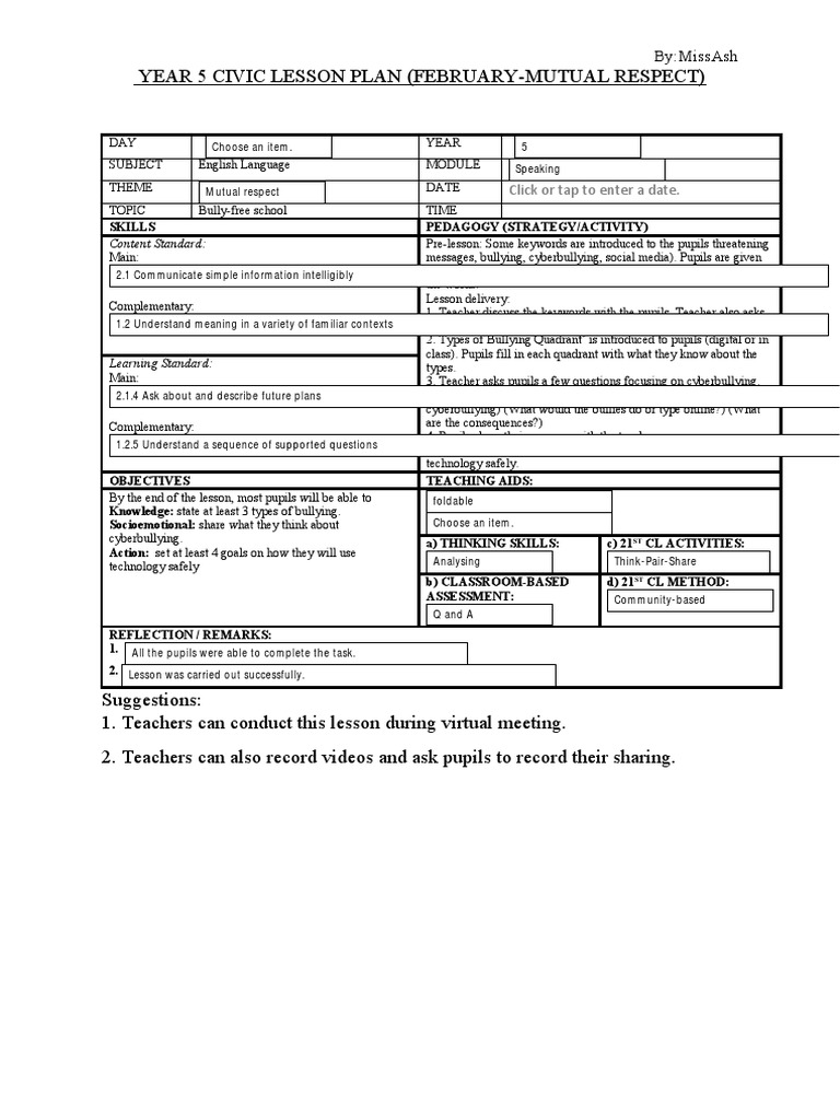 Year 5 Civic Lesson Plan: Bully-Free School | PDF | Cyberbullying ...