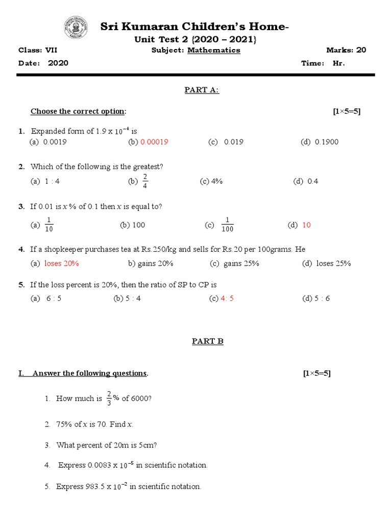 Unit Test2-Class 7 Maths | PDF