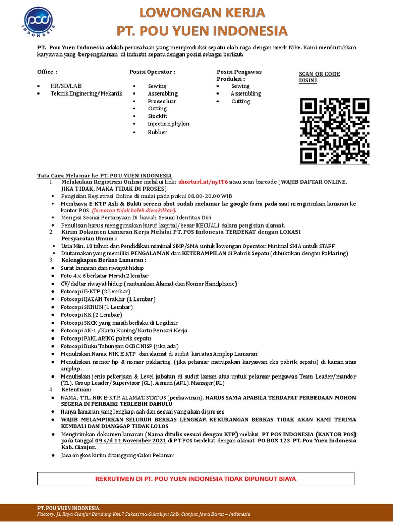 LOWONGAN KERJA DI PT. POU YUEN INDONESIA | PDF