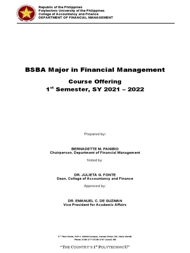BSBA Major in Financial Management: Course Offering 1 Semester, SY 2021 ...