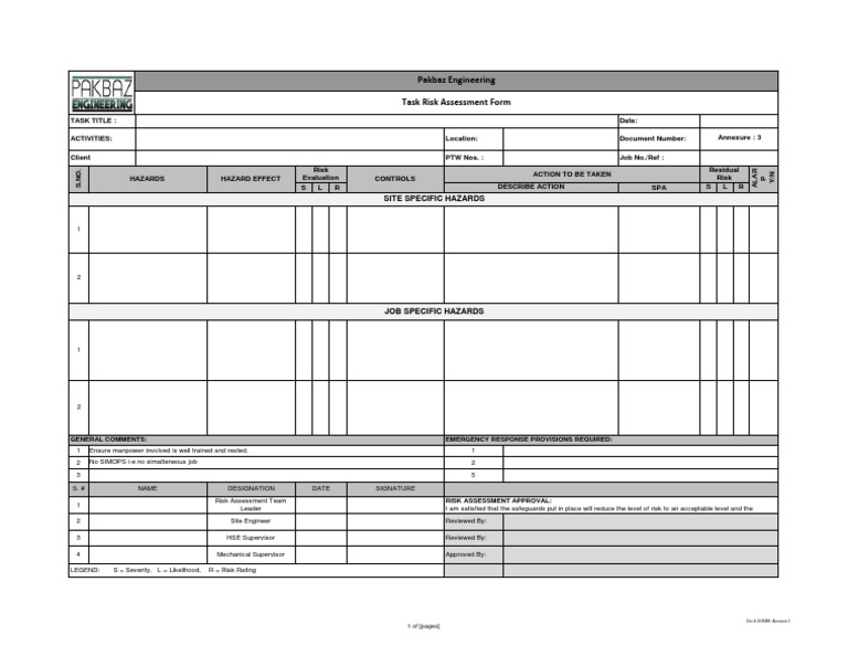 Pakbaz Engineering Task Risk Assessment Form: Task Title: Date ...