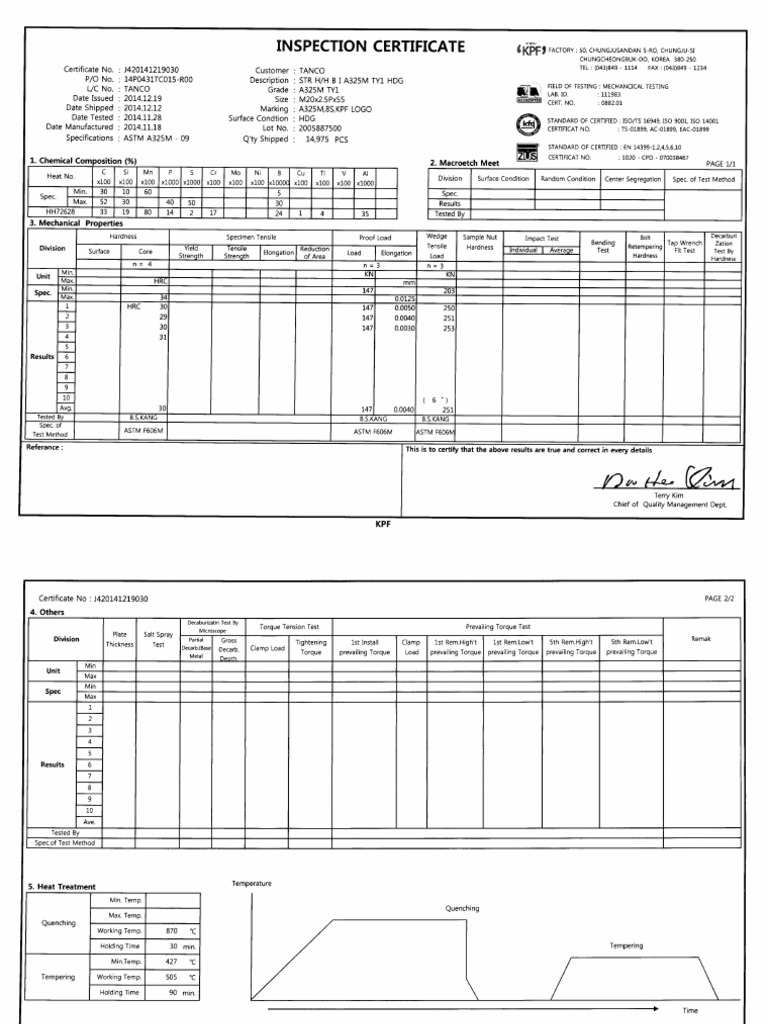 An in-depth analysis of an inspection certificate for A325M grade steel ...