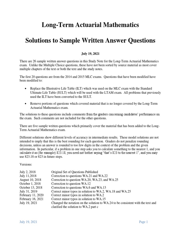 Long-Term Actuarial Mathematics Solutions To Sample Written Answer ...