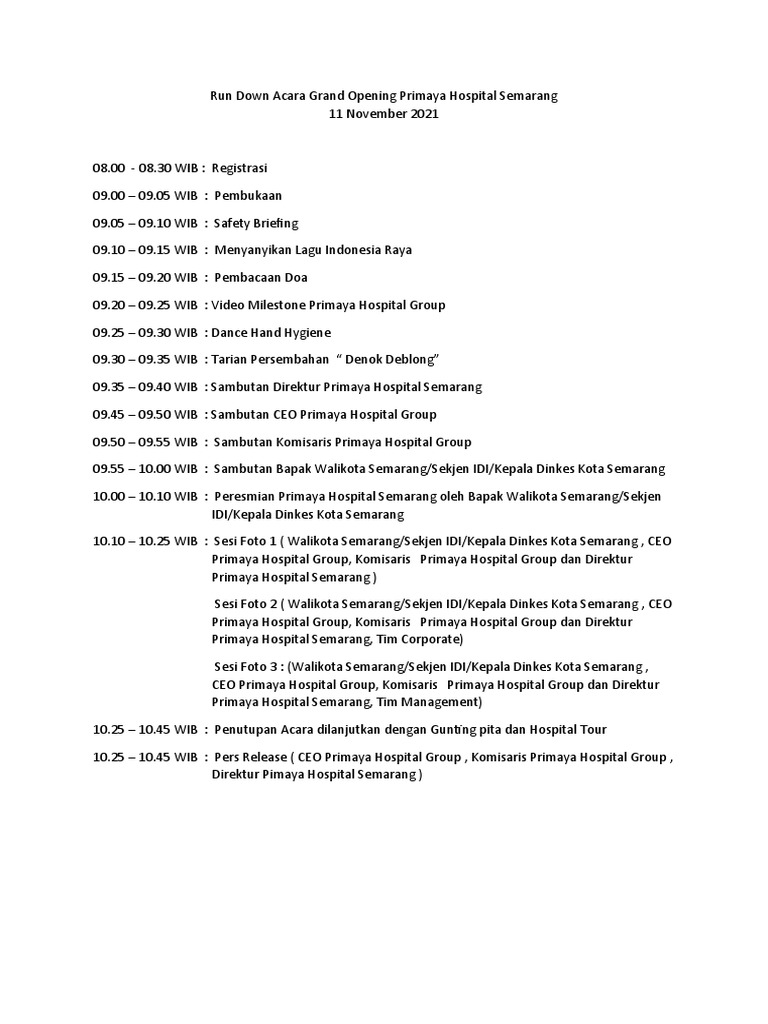 Run Down Acara Grand Opening Primaya Hospital Semarang | PDF