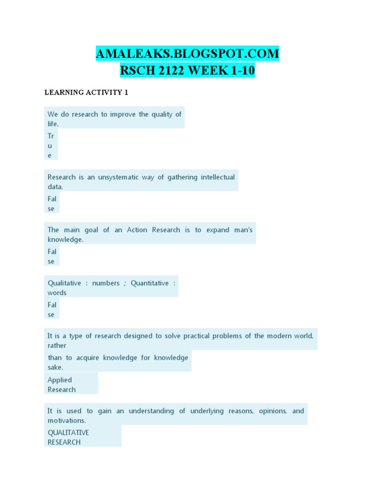RSCH 2122 WEEK 1-10: Learning Activity 1 | PDF | Quantitative Research | Qualitative Research