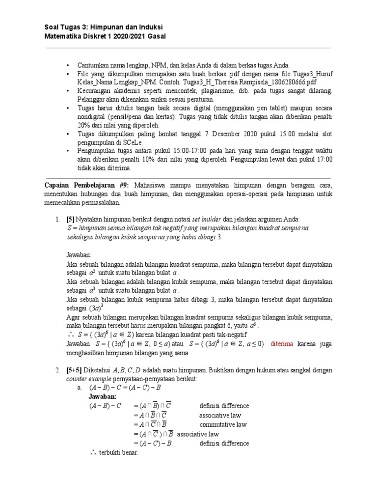 Soal Tugas 3: Himpunan Dan Induksi Matematika Diskret 1 2020/2021 Gasal ...