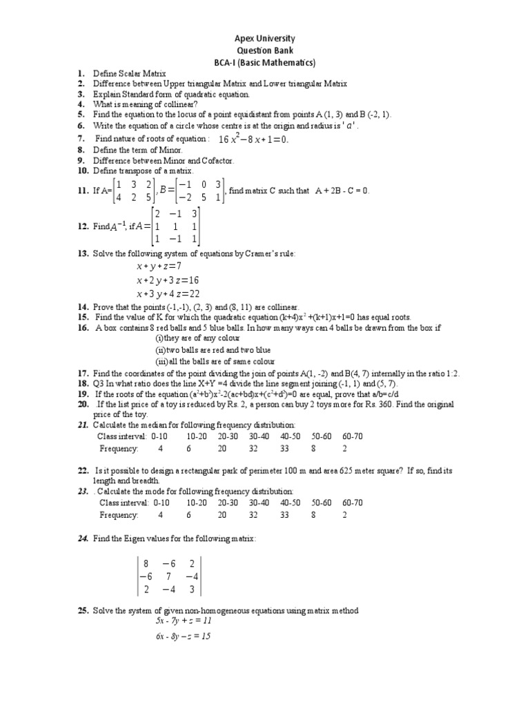 Basic Mathematics BCA-I (RU) | PDF | Matrix (Mathematics) | Equations