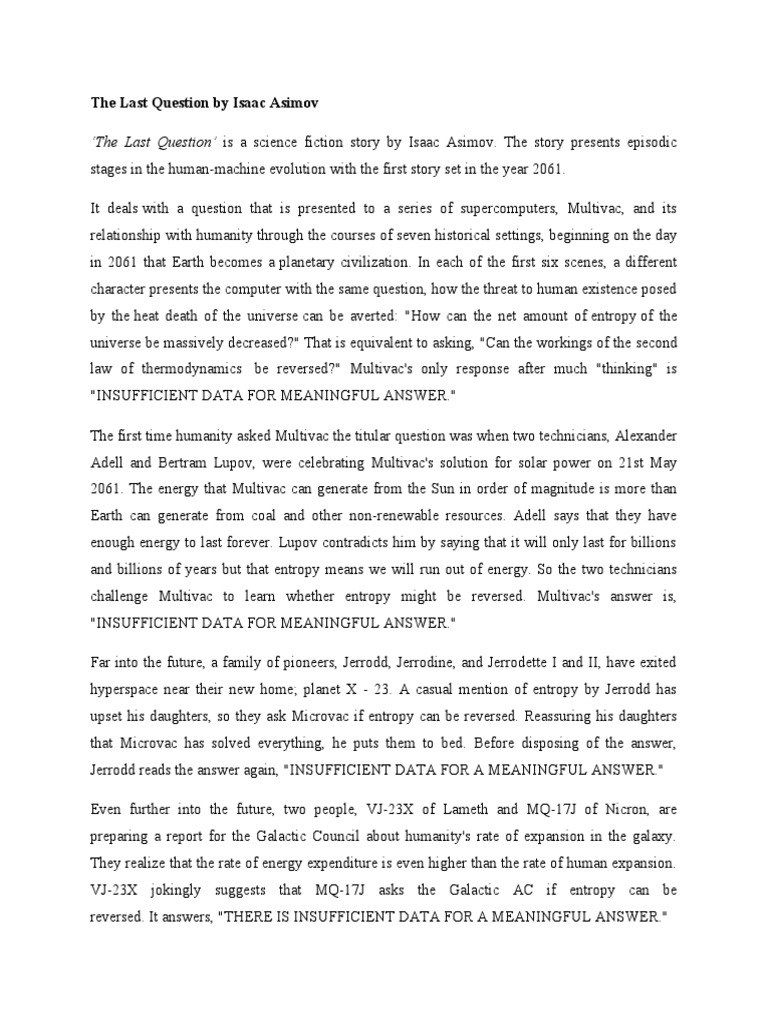 The Last Question Summary | PDF | Nature | Physical Sciences