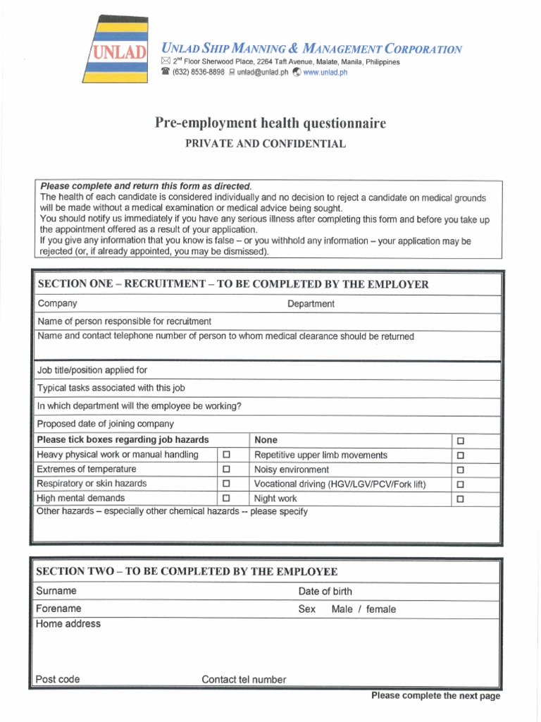 Pre-Employment-Health-Questionnaire Edited | PDF