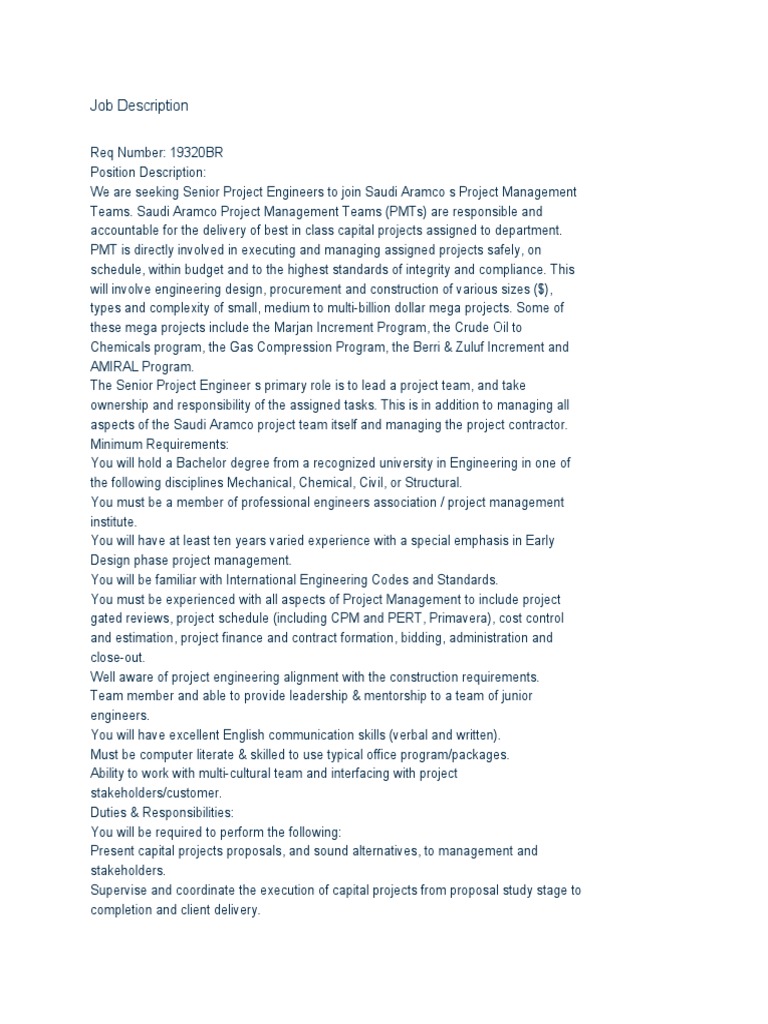 Saudi Aramco SR Proj Eng CV | PDF | Project Management | Business