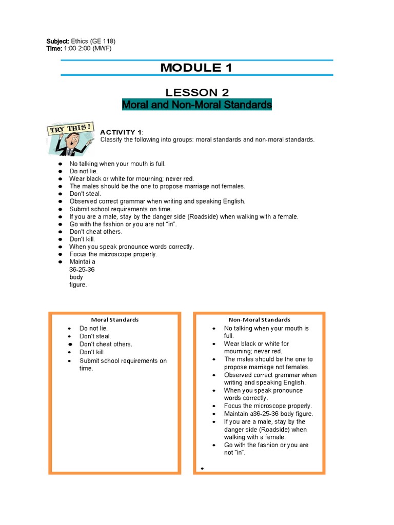 Moral and Non-Moral Standards: Lesson 2 | PDF | Morality | Social ...