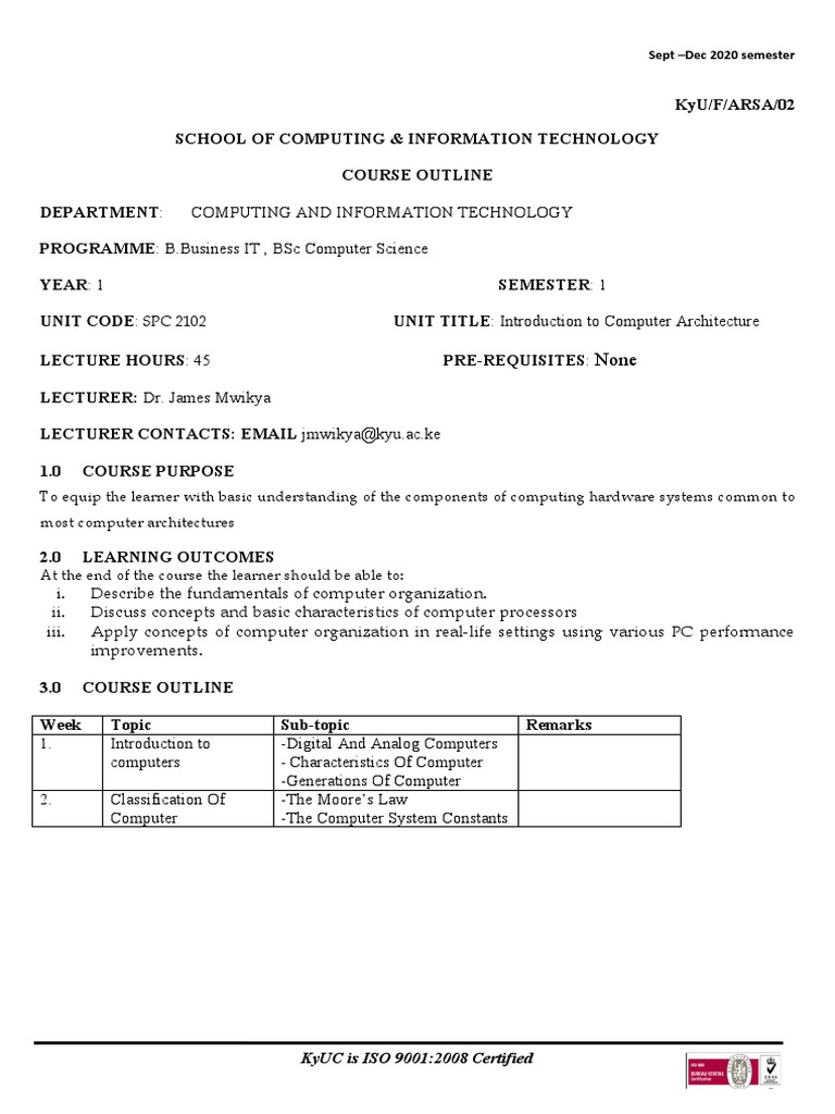 SPC 2102 Introduction To Computer Architecture Course Outline | PDF ...