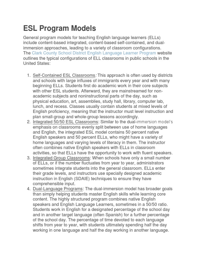 Tesol101 Wk3 Document - eslProgramTypes | PDF | English As A Second Or ...