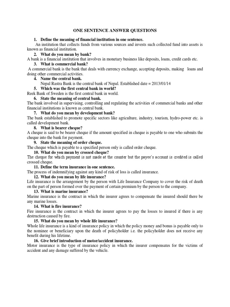 One Sentence Answer Questions | PDF | Banks | Cheque