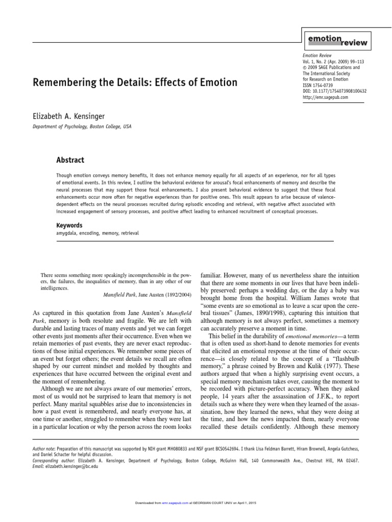 Remembering The Details: Effects of Emotion: Elizabeth A. Kensinger ...