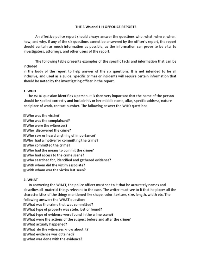 The 5 Ws and 1 H Ofpolice Reports | PDF | Crime Scene | Evidence