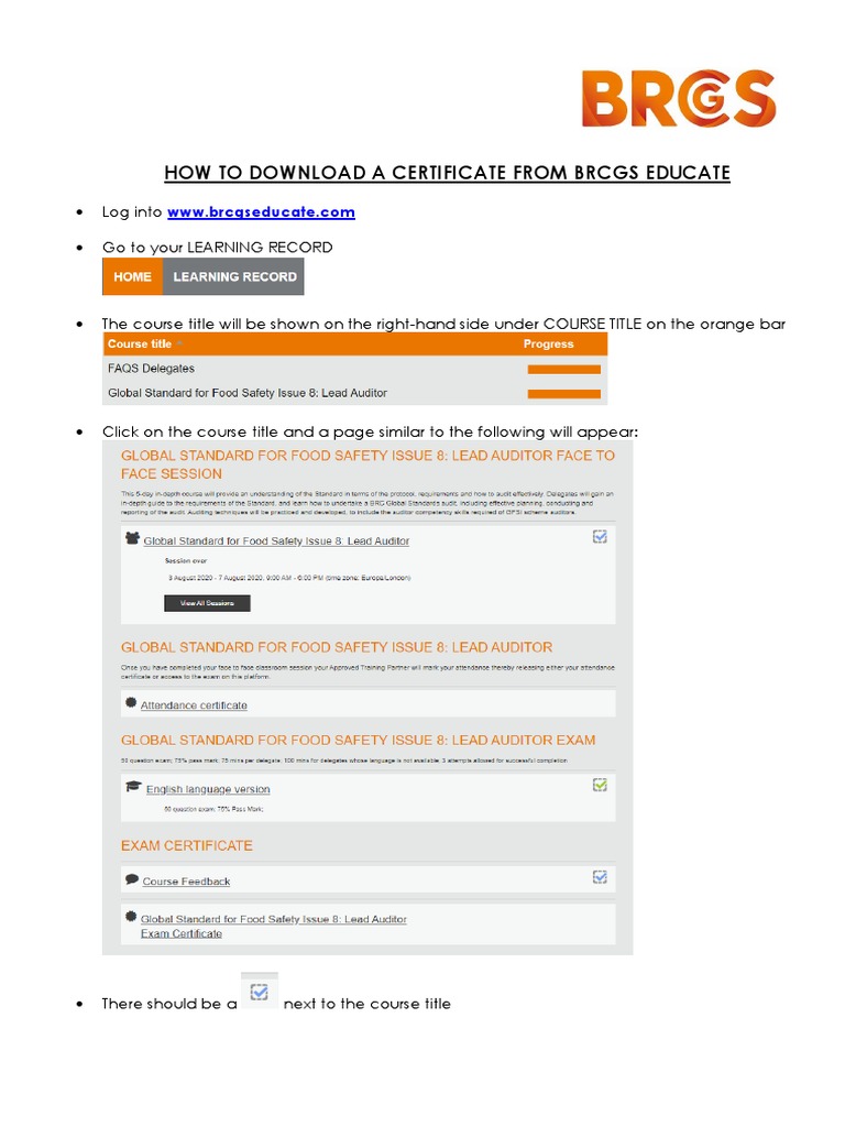 How To Download A Certificate From BRCGS Educate | PDF