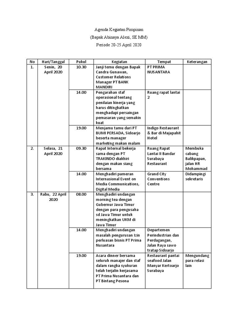 Agenda Kegiatan Pimpinan 20-25 April | PDF
