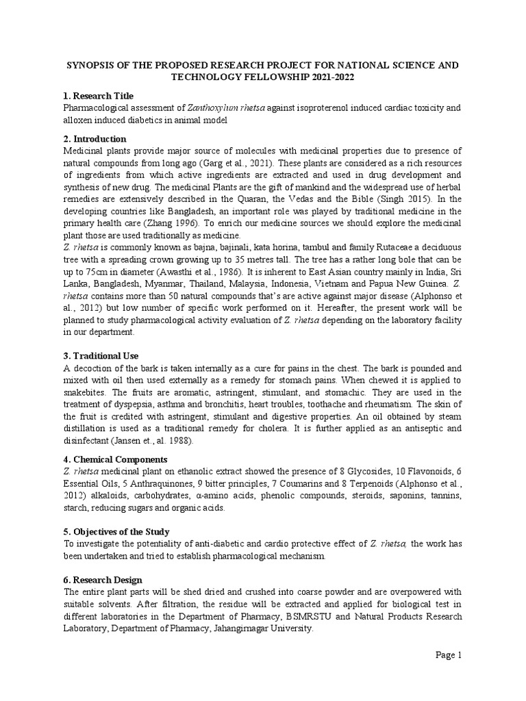 Synopsis of The Proposed Research Project For National Science and ...