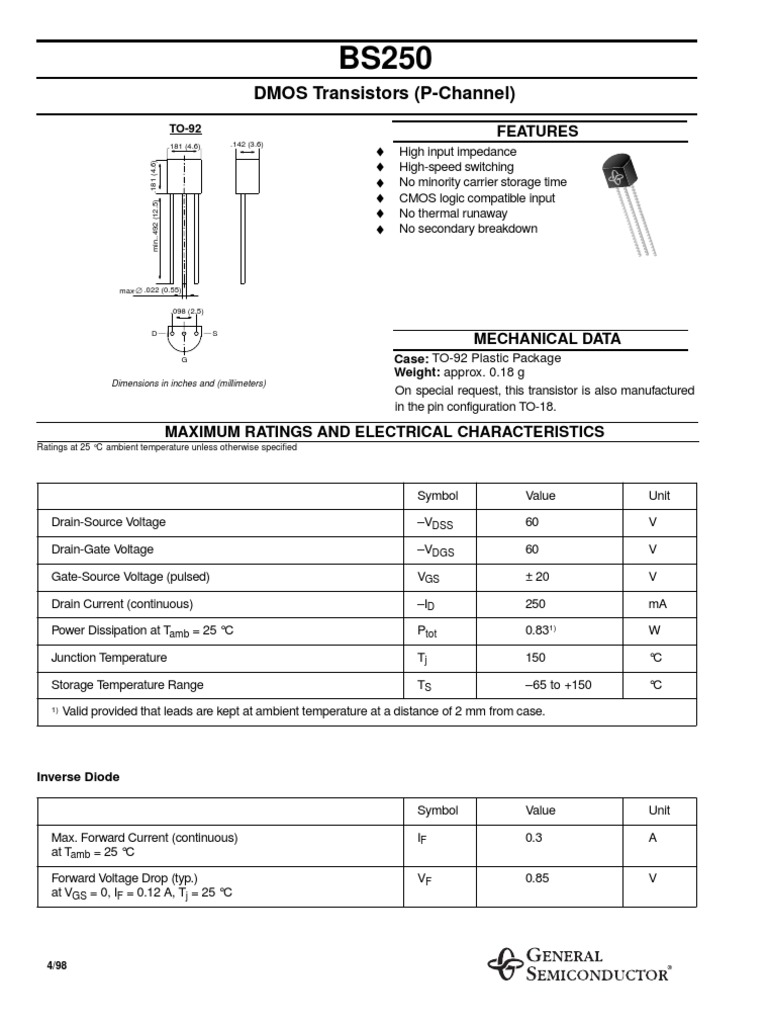 BS250 P-Channel DMOS Transistor Specs | PDF | Field Effect Transistor ...