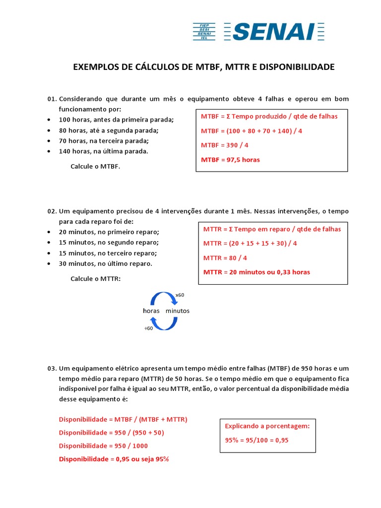 02-Exemplos de Calculos MTBF MTTR e Disponibilidade | PDF