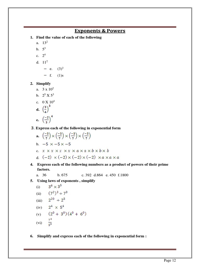 Class 8 Exponents & Powers Worksheet | PDF | Exponentiation | Rational ...