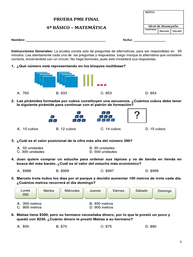 Prueba de Matemática 4° Básico | PDF