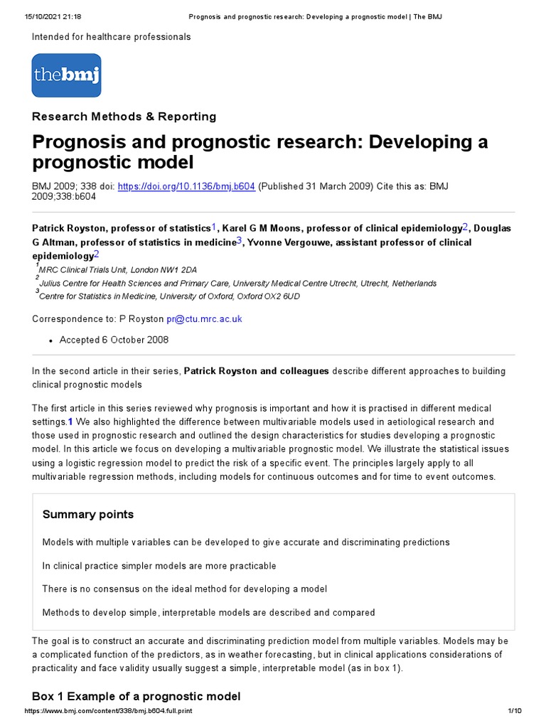 Prognosis and Prognostic Research - Developing A Prognostic Model - The ...